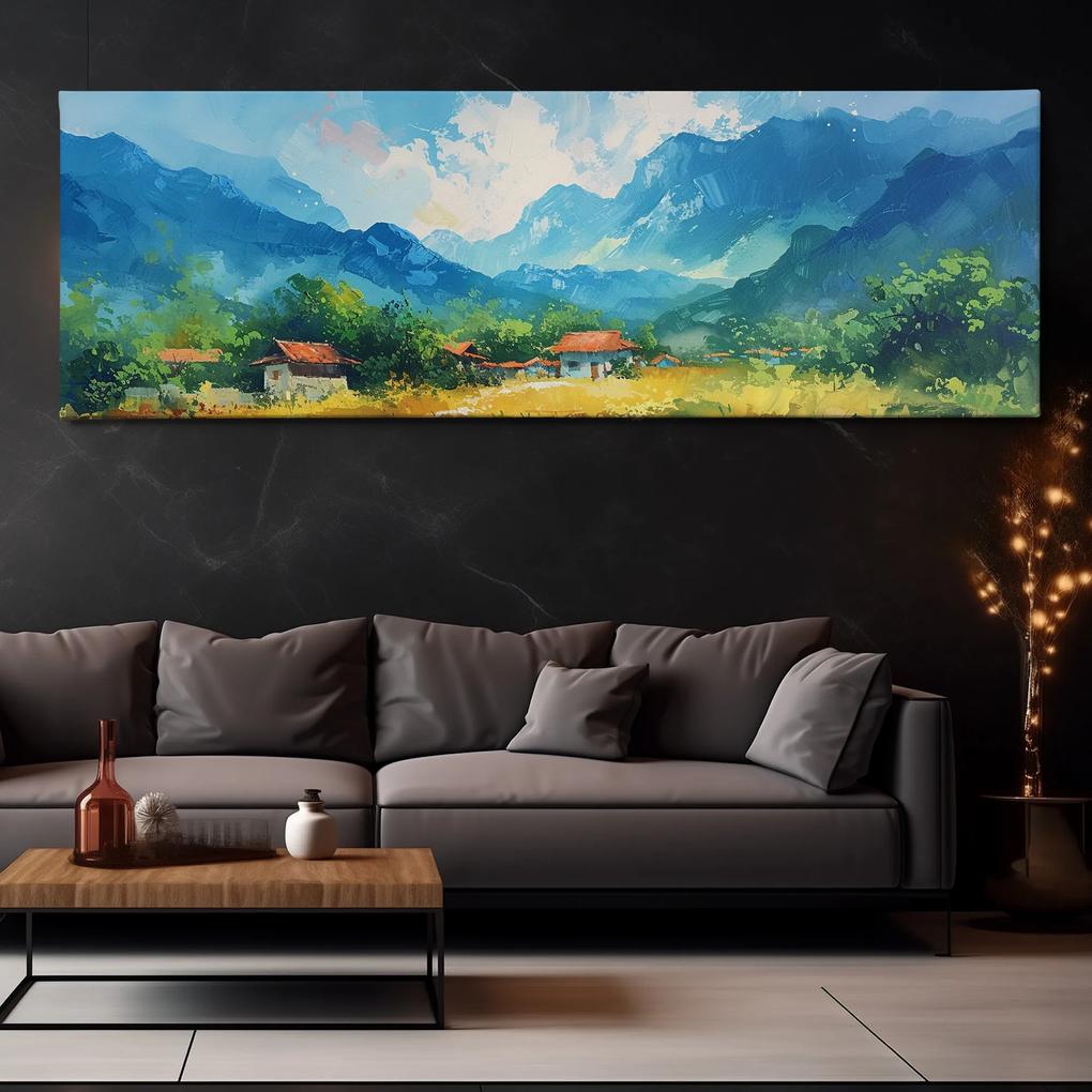 Obraz na plátně - Malá vesnička skrytá pod horami FeelHappy.cz Velikost obrazu: 180 x 60 cm
