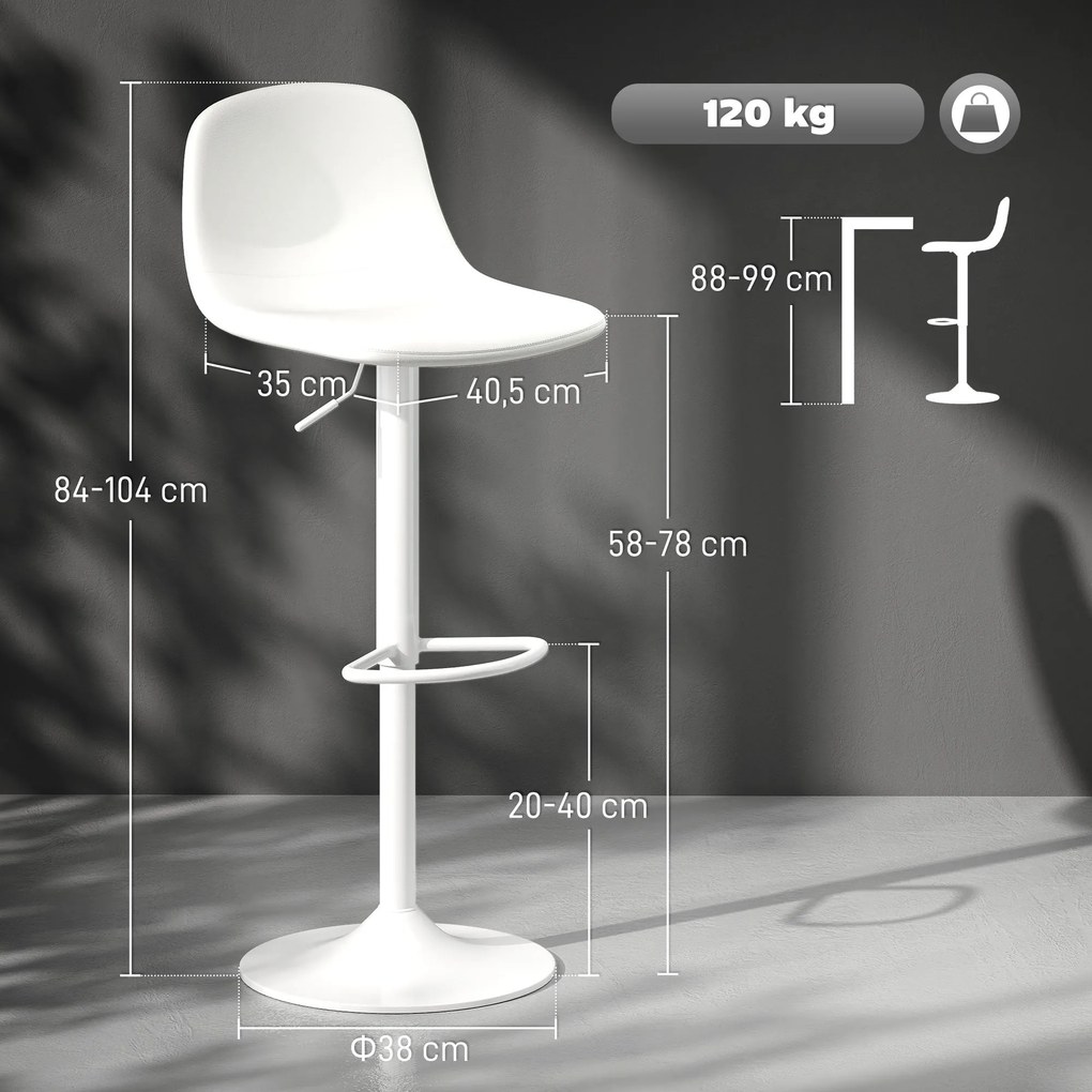 HOMCOM Sada 2 Barových Židlí Vysoké Kuchyňské Židle Nastavitelná Výška 84-104 cm s Opěrkou a Podnožkou Čalouněné v PU 360° Otočné pro Kuchyňský Pult …