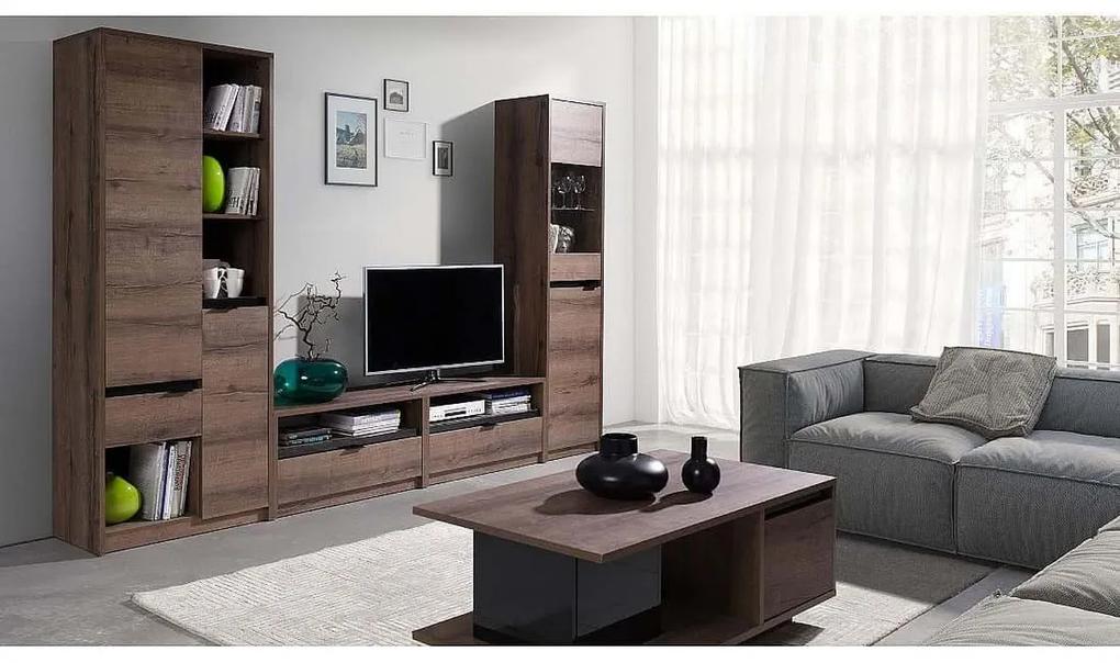 Obývací sestava KOLOREDO 1 - regál + 2x TV stolek RTV1SZ + vitrína + konf. stolek, dub Monastery/černá lesk