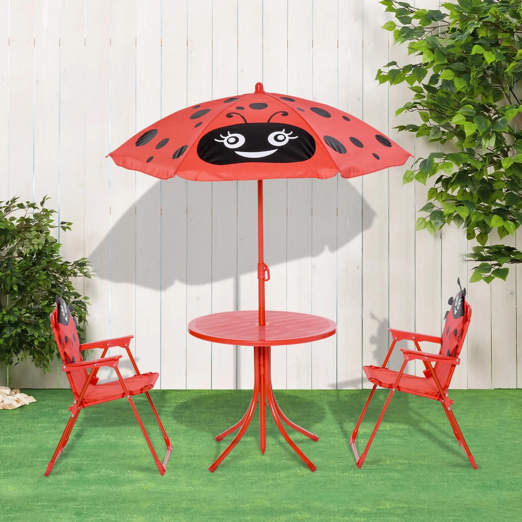 Outsunny Dětská zahradní sada stolu a židlí s piknikovou skládací sadou pro děti se slunečníkem s nastavitelnou výškou 100-125 cm, design berušky