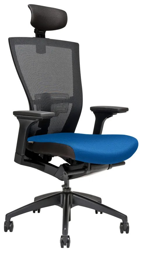Office Pro Kancelářská židle na kolečkách MERENS SP – s područkami a koženou opěrkou hlavy Modrá BI 204