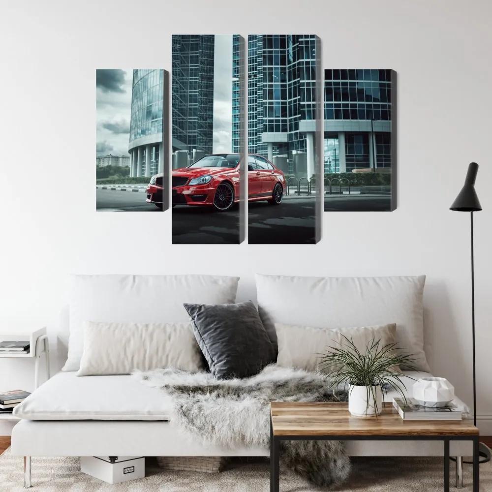 Vícedílný obraz Červené Auto Na Pozadí Moderních Mrakodrapů Nedostatek Nedostatek Přírodní plátno 200x150