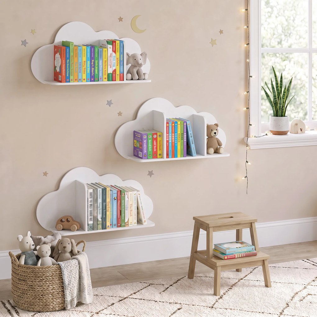 AIYAPLAY sada 3 nástěnných dětských regálů 60 cm, dětský knihovník ve tvaru oblaku, plovoucí knihovník Montessori pro 3–8 let, bílý