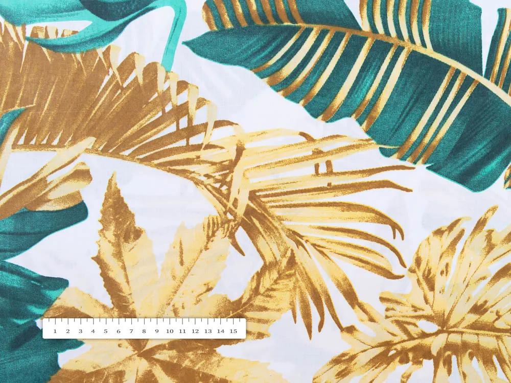 Biante Bavlněný běhoun na stůl Sandra SA-245 Zelené a zlaté tropické listy 20x160 cm