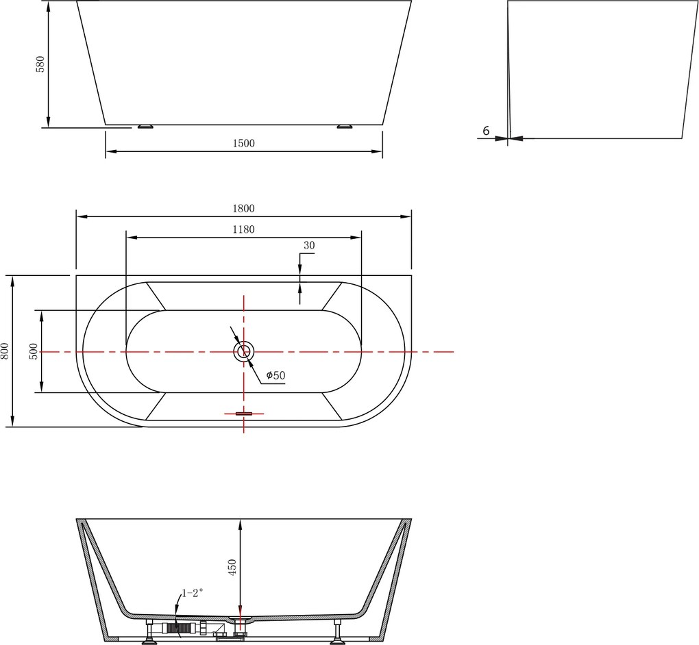 Aqualine Aqualine, TAJO nástěnná stojící vana 180x80cm, bílá, E1990