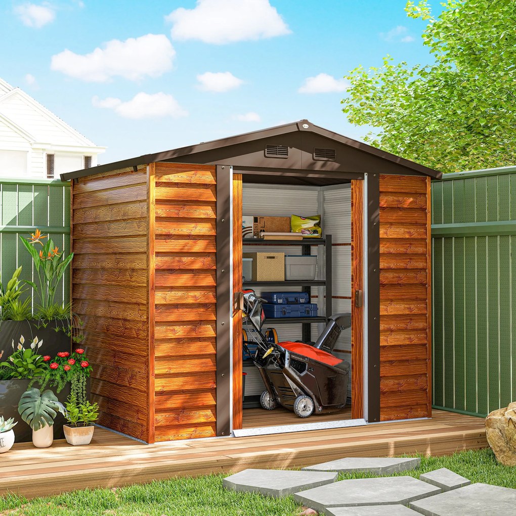 Outsunny Kovový Zahradní Kůlna s Dřevěným Vzhledem 3 m² 152 x 235,7 x 208,7 cm Sklad pro Nástroje s Šikmou Střechou, Okny a Dvoubarevnými Posuvnými D…