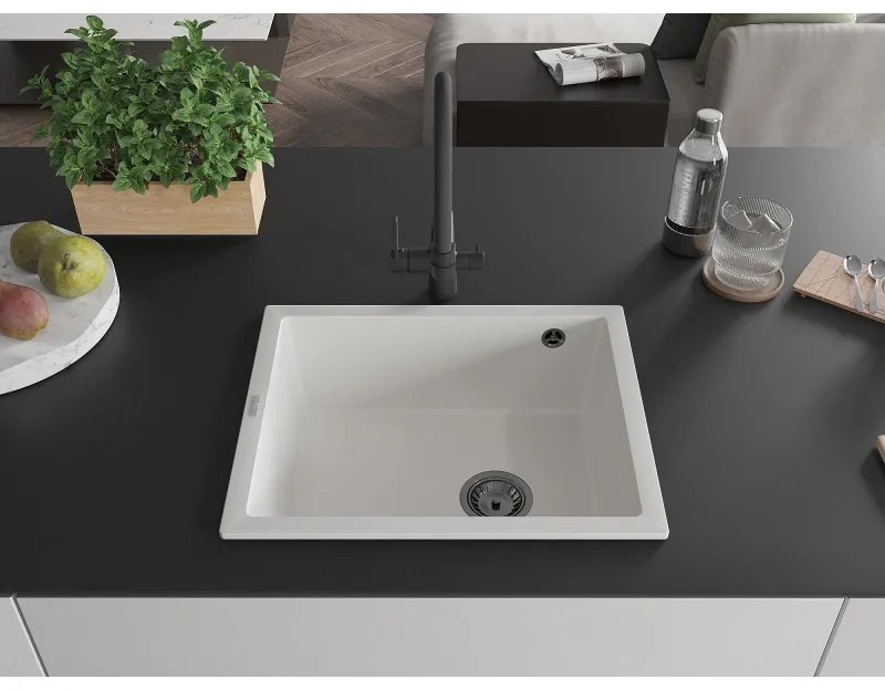 Mexen Pedro, granitový dřez 560x460x200 mm, 1-komorový, bílá s černým sifonem, 6508561000-20-B