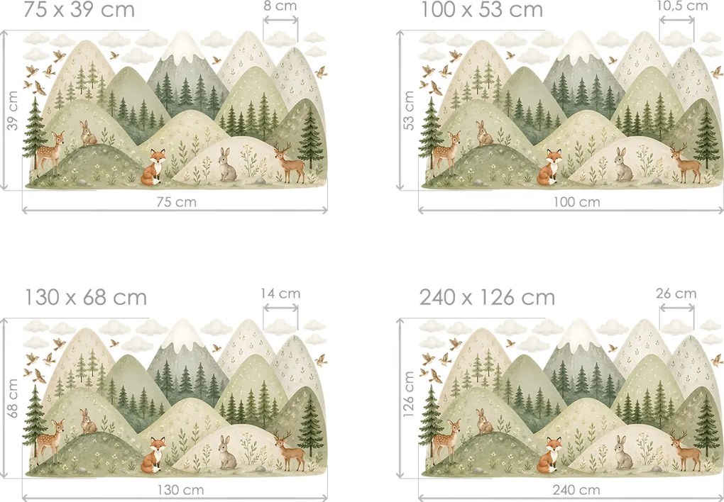 Hory a lesní zvířátka samolepky na stěnu pro děti arch 130 x 68 cm