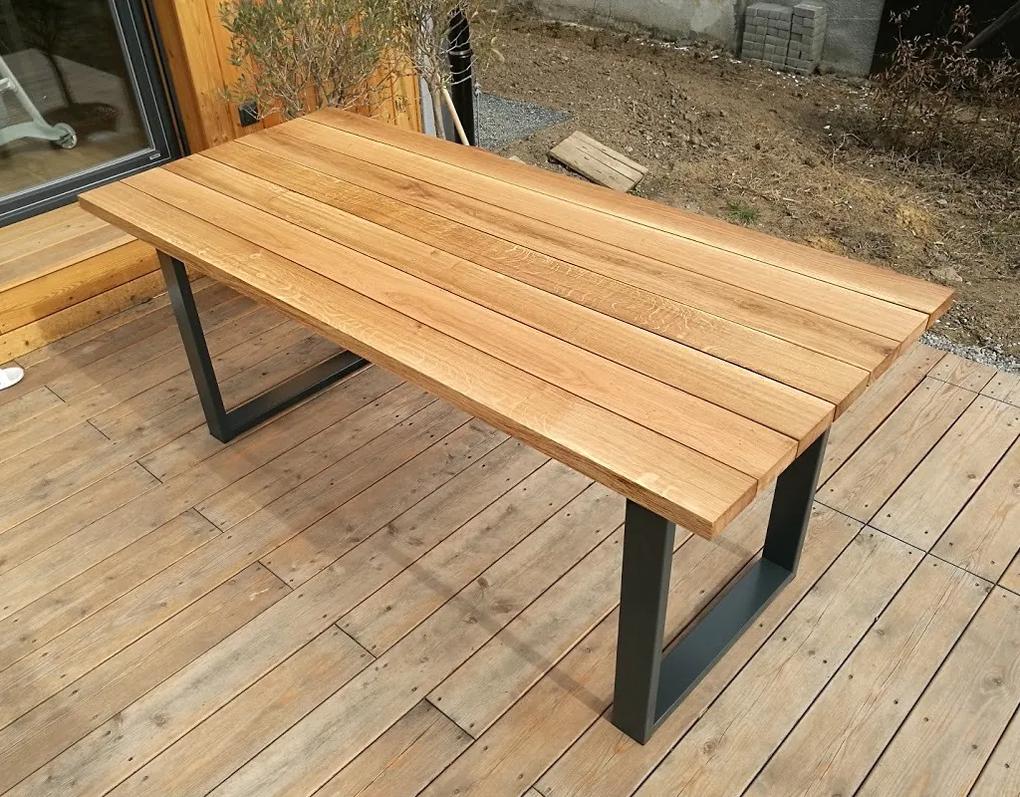 KULHÁNEK Zahradní stůl - kombinace dřeva a oceli Odstín nátěru: individuální, Velikost desky: 210x90 cm, Odstín podnože: černá - RAL 9005