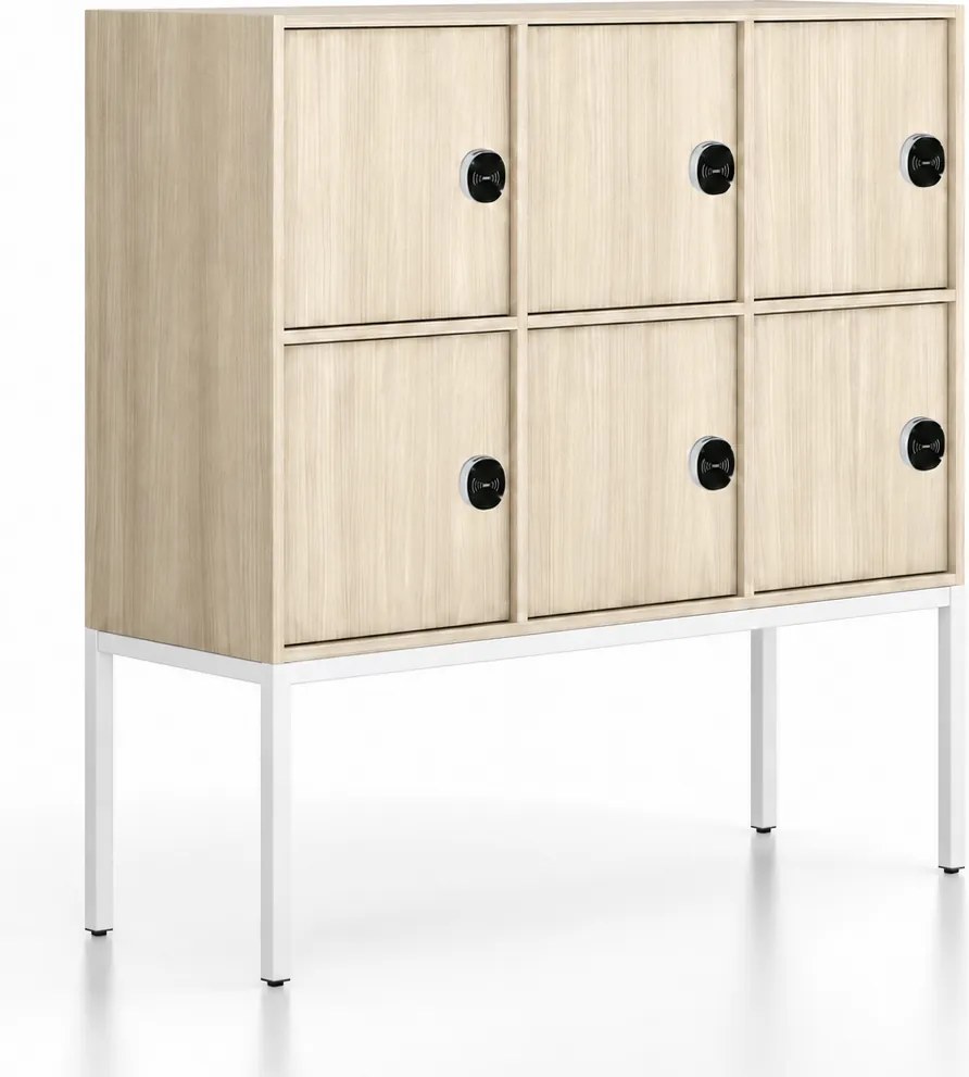 Kancelářská skříň FRAME, nízká, bílá podnož, 6x dveře, 1299 x 450 x 1331 mm, RFID zámek, dub přírodní