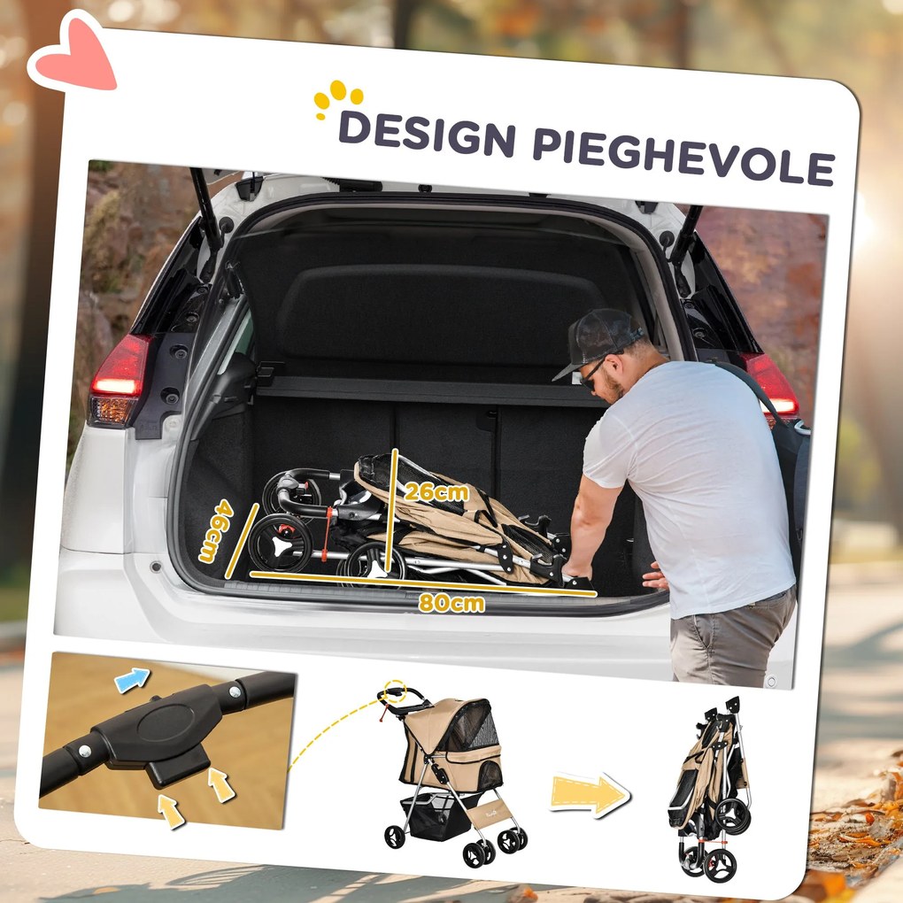 Skládací kočárek pro malé psy PawHut s brzdami na kolech, držákem na nápoje, úložným prostorem, 3 okny a 360° předními koly, pro domácí mazlíčky do 1…