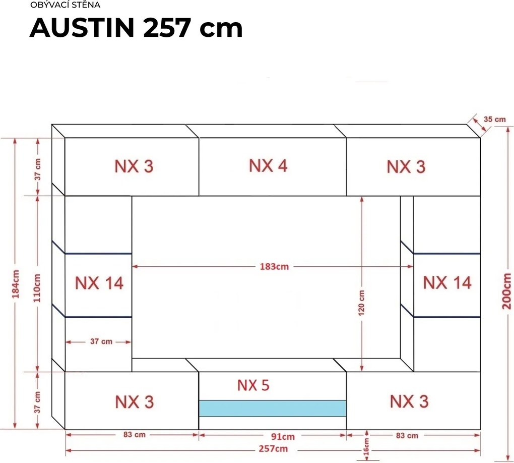 Ral Obývací stěna AUSTIN 2, 257 cm - Bílý lesk
