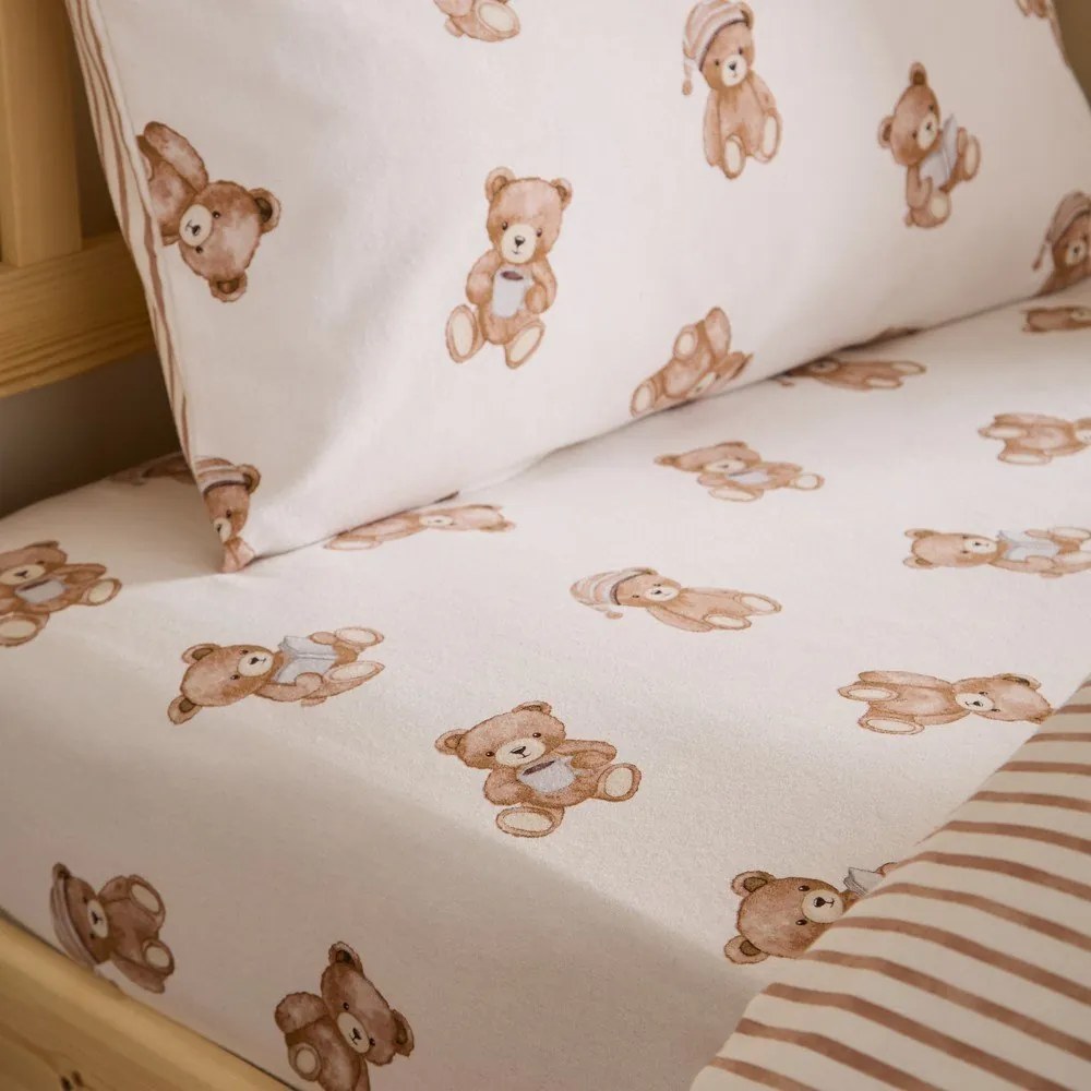 Krémové napínací flanelové dětské prostěradlo na jednolůžko 90x190 cm Brushed Teddy Bear – Catherine Lansfield