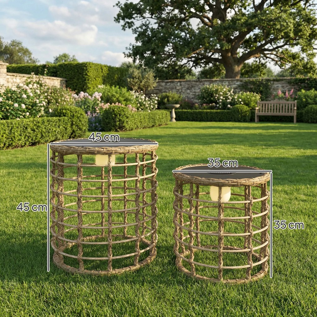 Outsunny Solární stojací lampa sada 2 ratanových solárních lamp se světelným senzorem LED solární světlo v boho stylu IP44