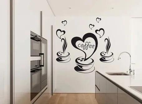 Kuchyňská samolepka na zeď s motivem kávy a srdíček 80 x 160 cm