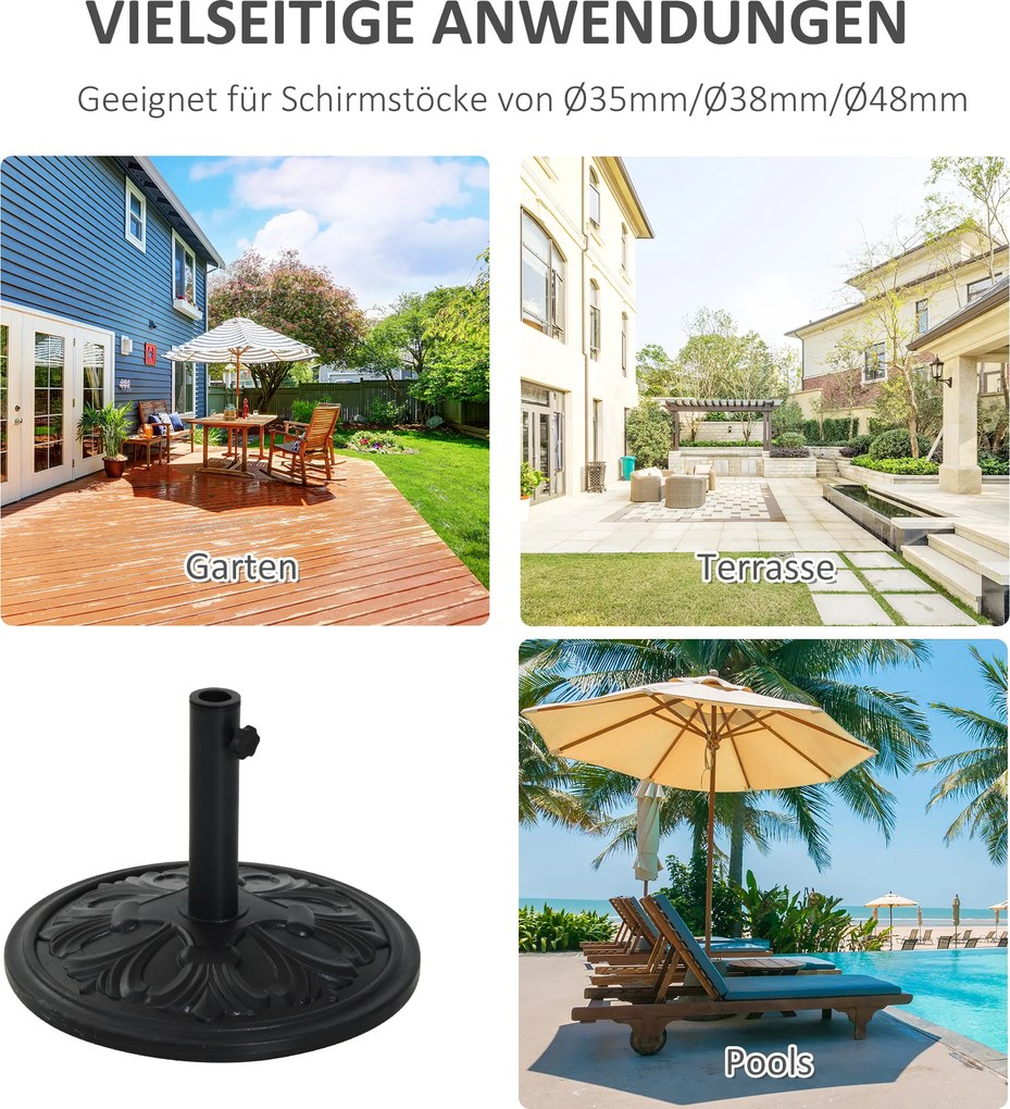 Stojan na slunečník Outsunny Ø48 x 34 cm pro slunečníky Ø35/Ø38/Ø48 mm, z plastu a cementu, starožitně černý, stabilní podpěra pro zahradu a terasu |