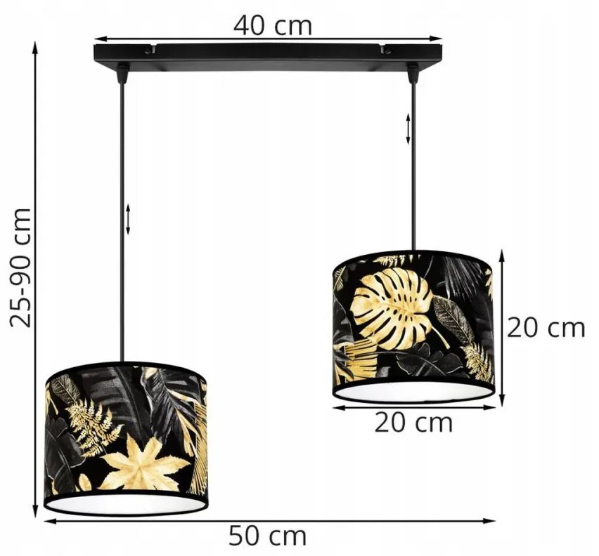 Závěsné svítidlo Gold Flowers, 2x černé textilní stínítko s květinovým vzorem