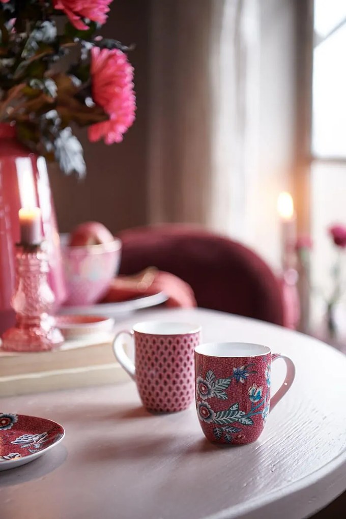 Pip Studio Flower Festival sada 2 hrnků 180ml, tmavě růžová (Tenkostěnný porcelán v dárkovém papírovém boxu)