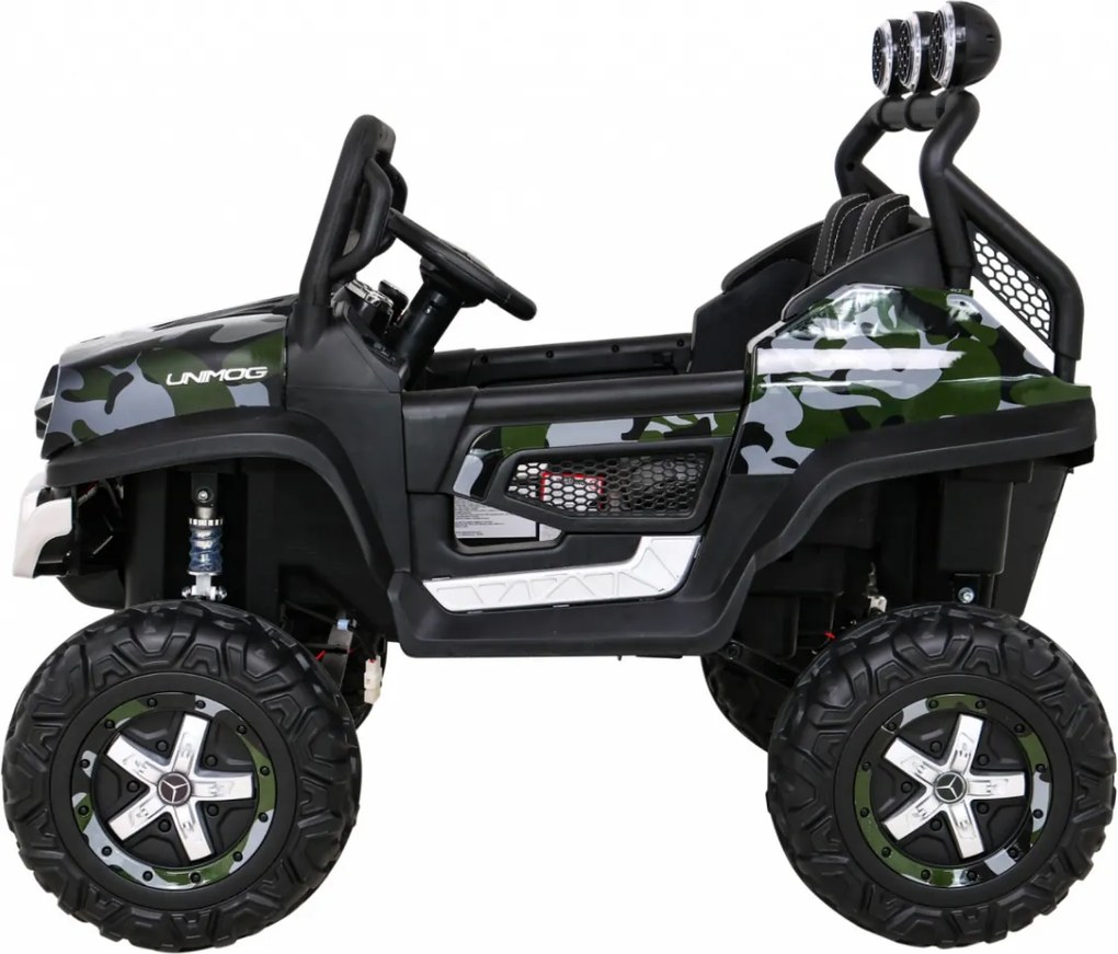 Ramiz Mercedes Benz Unimog elektrické autíčko pro děti maskáčové lakované + pohon 4x4 + dálkové ovládání + nosič zavazadel + pomalý start + MP3 + LED