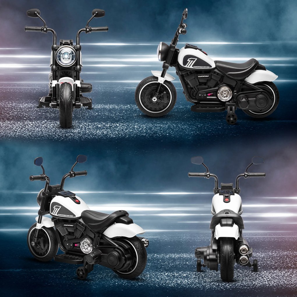 Dětská motorka HOMCOM - Elektrická motorka pro děti s 2 odnímatelnými tréninkovými koly, 3 km/h, pro děti od 1,5 do 3 let, Bílá, 76 x 42 x 57 cm