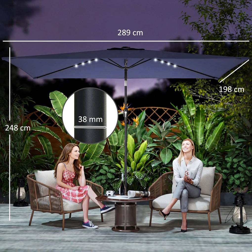 Outsunny slunečník na terasu 2,9 × 2,0 m – 24 solárních LED, klika a nastavitelný náklon, tmavě modrý