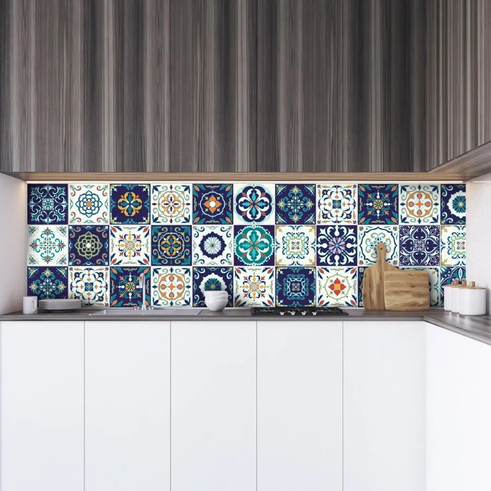 Sada 30 nástěnných samolepek Ambiance Tiles Azulejos Forli, 10 x 10 cm