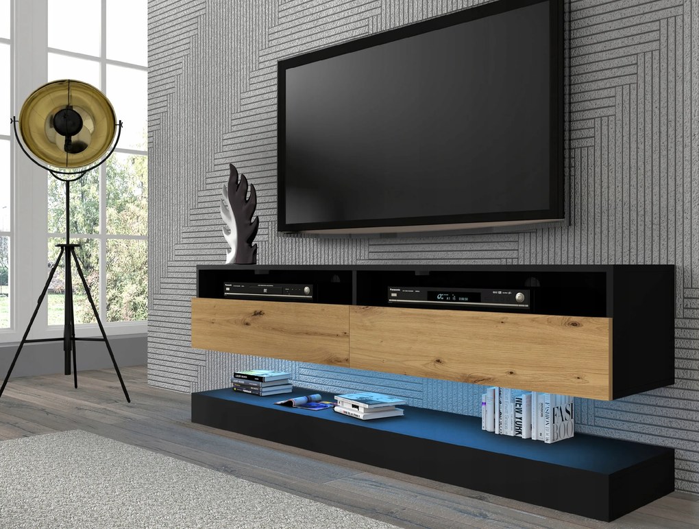 BIM Televizní stolek DUO 160 cm závěsný s panelem černý mat/dub