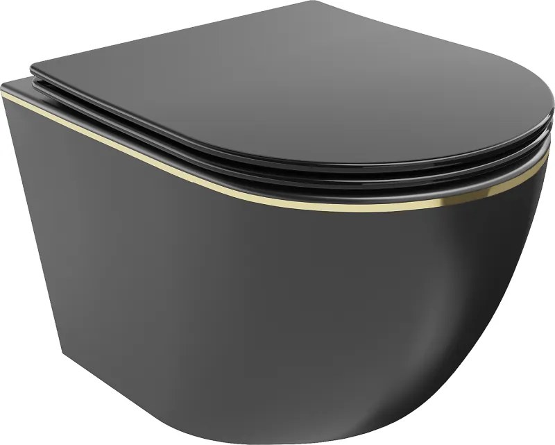 Mexen Lena, závěsná toaletní mísa 480x360x355 mm s pomalu padajícím sedátkem, černá matná - zlatý okraj, 30224075