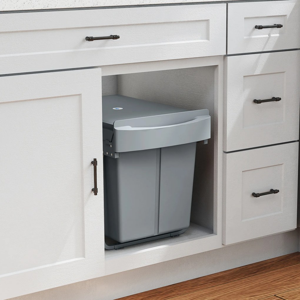HOMCOM Vysunovací odpadkový koš, 2 x 20 L, vyjímatelné nádoby, plast, kov, šedá