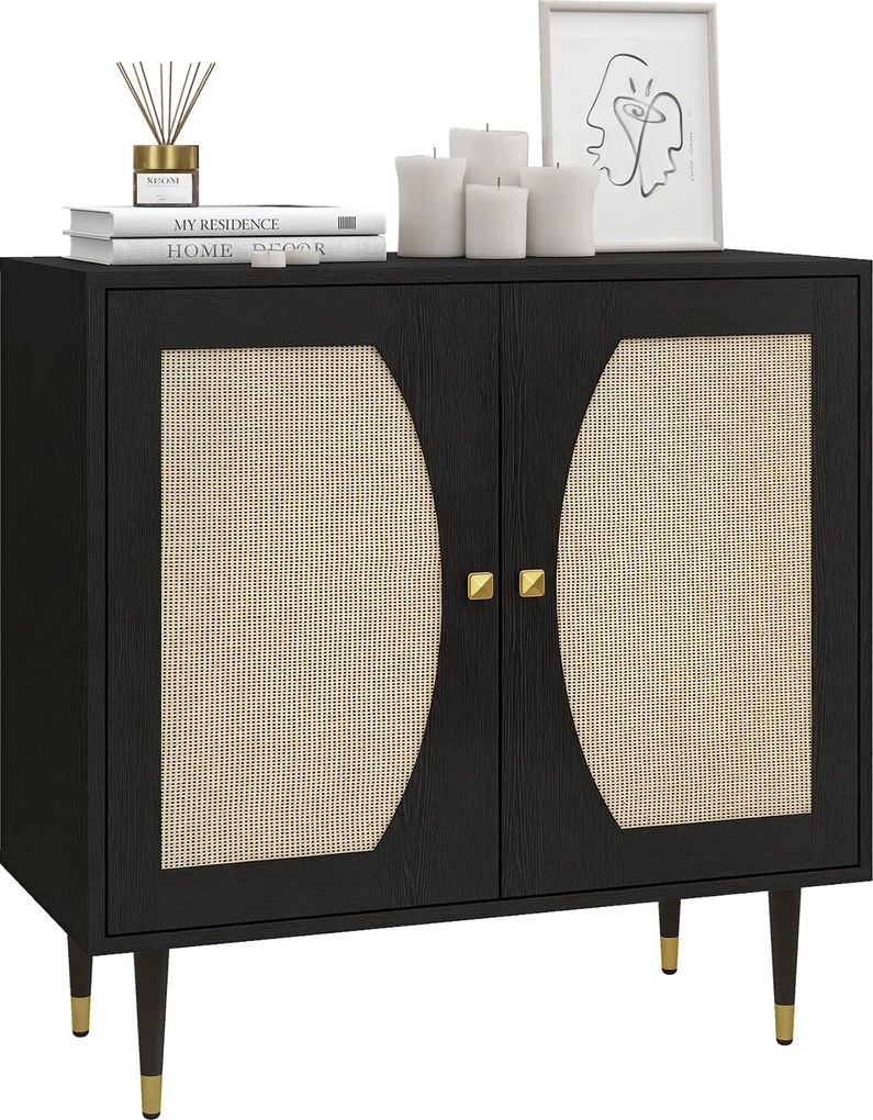 HOMCOM Buffet Skříňka s Dvojitými Dveřmi v Boho Stylu, 2 Úrovně, Ratanový Přední Panel 80 x 38 x 79 cm Černá