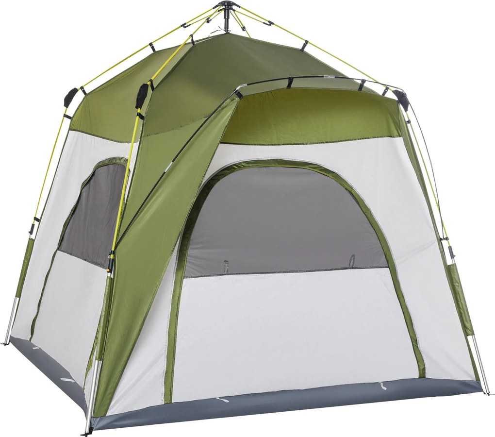 Outsunny Dvojcestný stan pro 4 osoby - Lehce, stabilní, voděodolný, UV 50+ pop-up stan pro kempování s háčkem, dveřmi, oknem, podlážkou, rodinný stan
