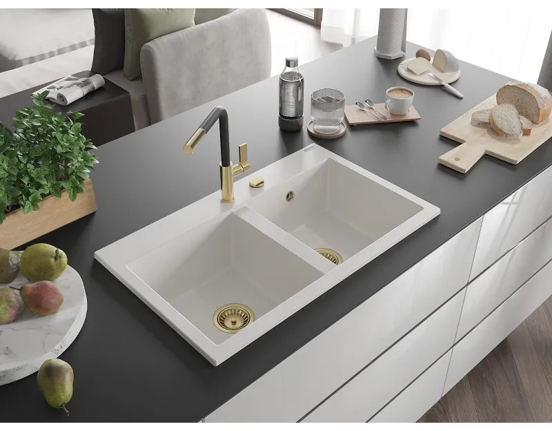 Mexen Hektor, 2-komorový granitový dřez 800x480x205 mm, bílá, zlatý sifon, 6521802000-20-G