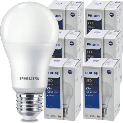 SADA 6 KS žárovek PHILIPS LED E27 10W = 75W 1055lm neutrální bílá 4000K LED žárovka
