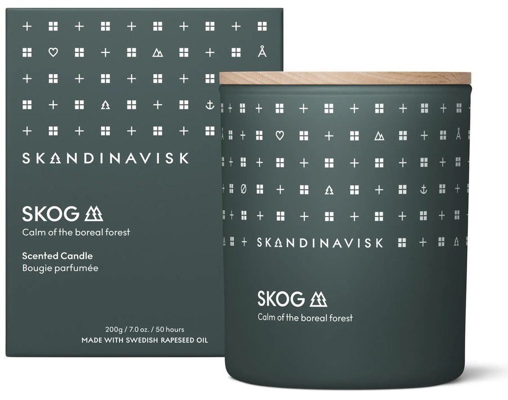 SKANDINAVISK Vonná svíčka SKOG (les) 200 g, zelená barva, sklo, dřevo, vosk