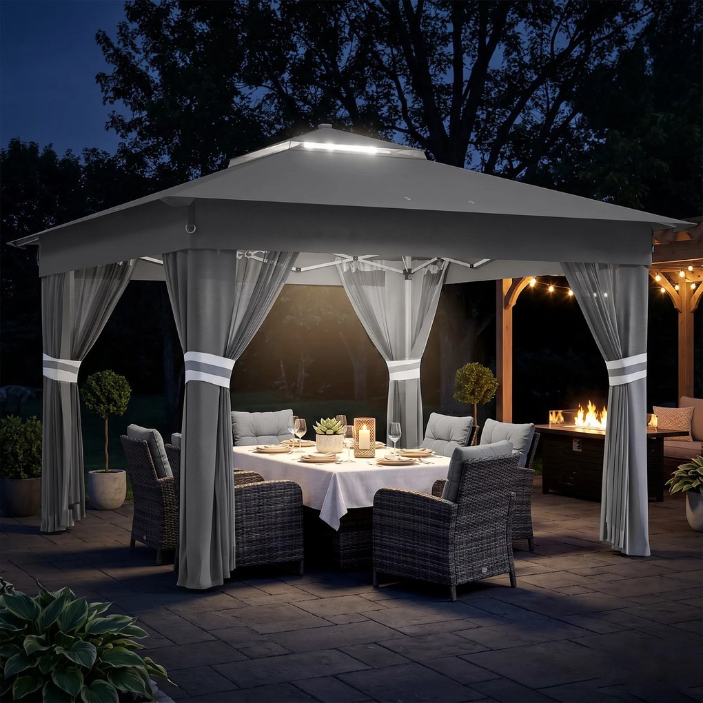 Skládací altán Outsunny cca 3 x 3 m, altán s LED, 4 síťové závěsy, boční stěna, zahradní altán s vakem na vodu, dvojitá střecha, taška na přenášení, …