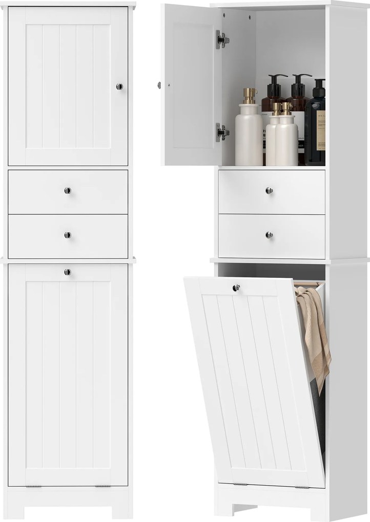 HOMCOM koupelnová skříňka s sklápěcím košem na prádlo, skříňkou a 2 zásuvkami, dřevo, 45x30x171 cm, bílá