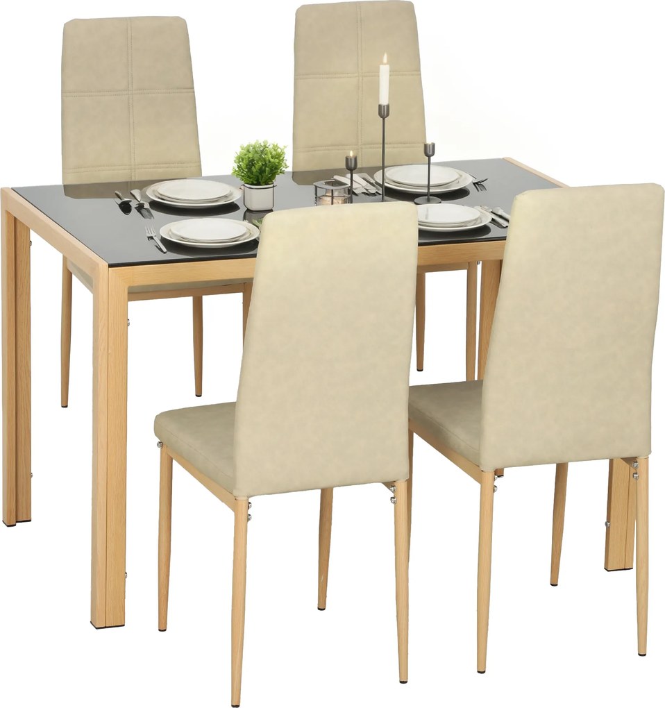 HOMCOM jídelní set pro 4 osoby, skleněný stůl a 4 židle
