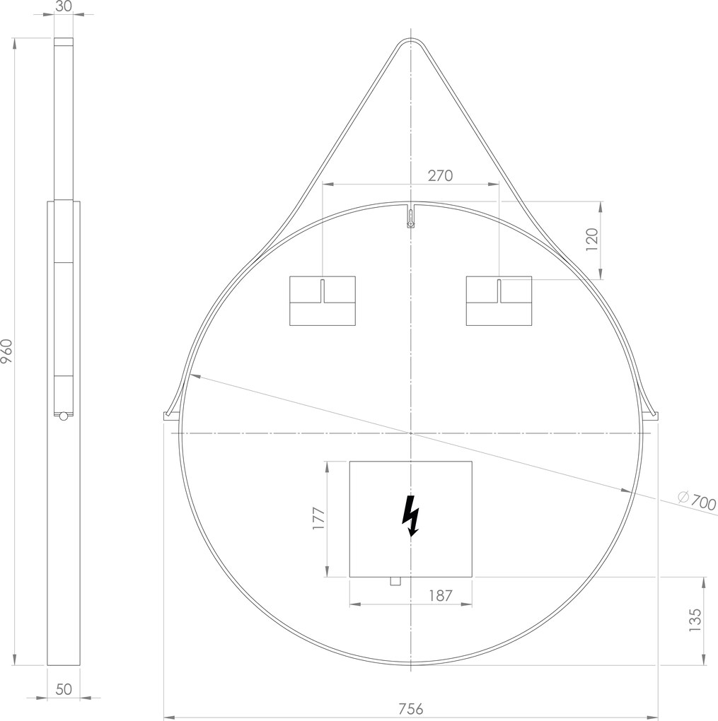 Sapho Sapho, ORBITER kulaté zrcadlo s LED osvětlením, kožený popruh, ø 70cm, černá mat, ORL070