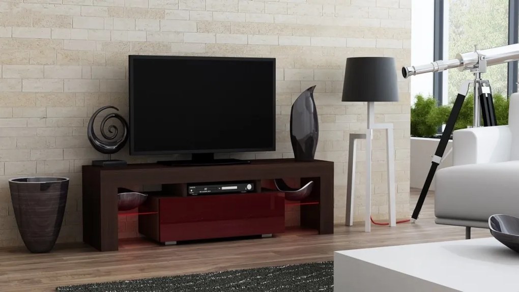 Mazzoni TV stolek MILA lesk 130 LED wenge, burgund zásuvka