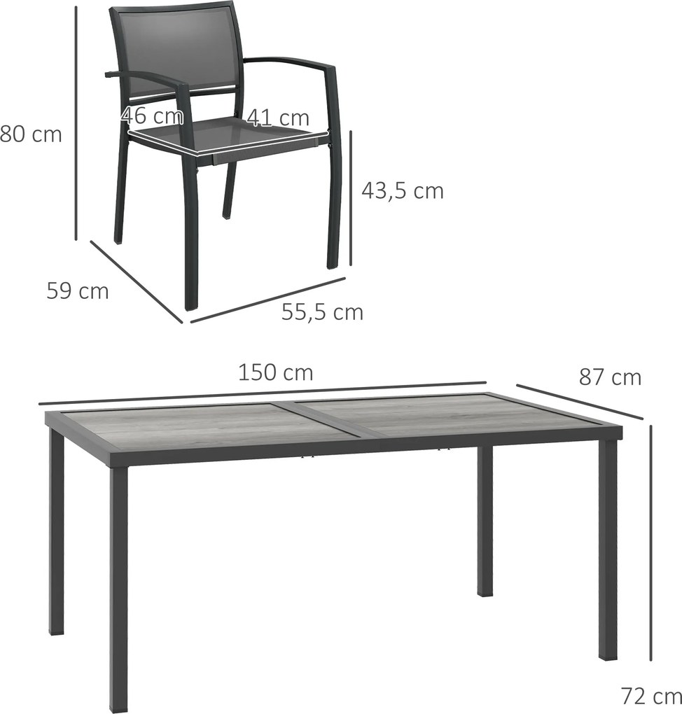 Outsunny 5dílná sada zahradního nábytku, zahradní set s 1 jídelním stolem a 4 stohovacími židlemi, sedací souprava na terasu, síťovina, tmavě šedá