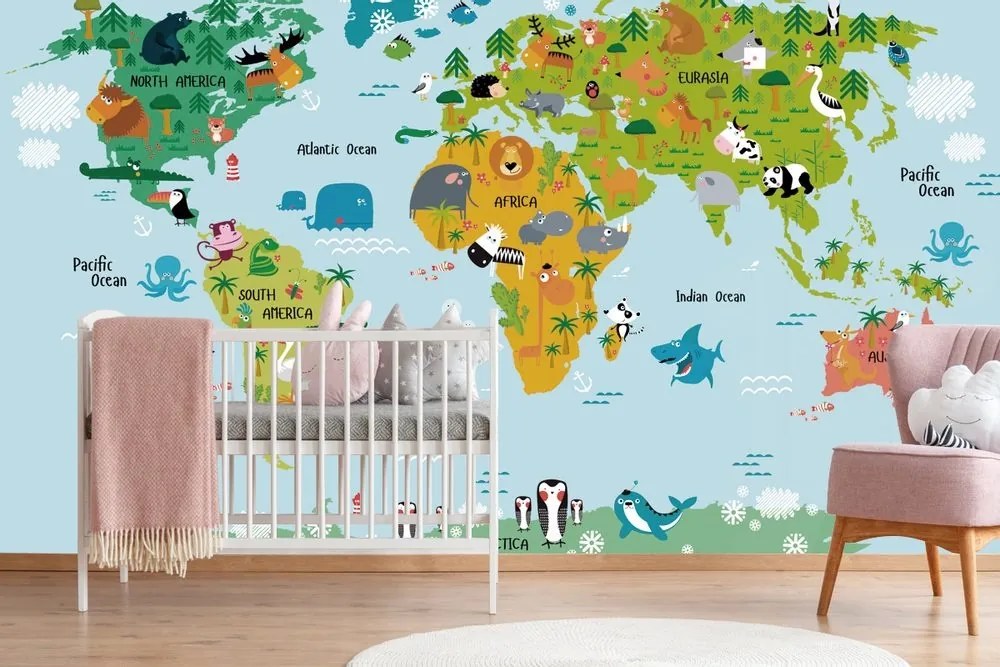 Tapeta dětská mapa světa se zvířátky - 150x100 cm