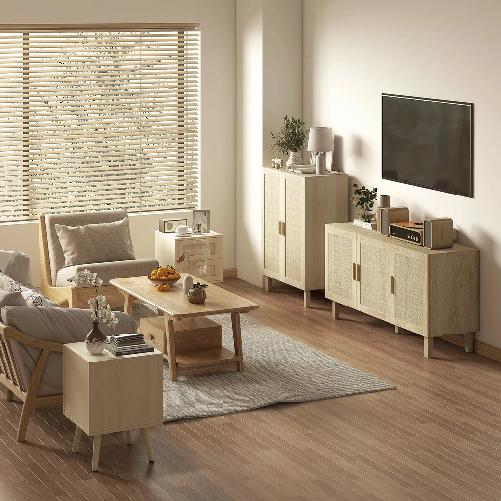 HOMCOM Set 2 Nočních Stolků, Boční Stoly, 2 Zásuvky s Ratanovými Předními Stranami, Boho Styl, Noční Stolky, Nohy z Přírodního Borového Dřeva | Aosom