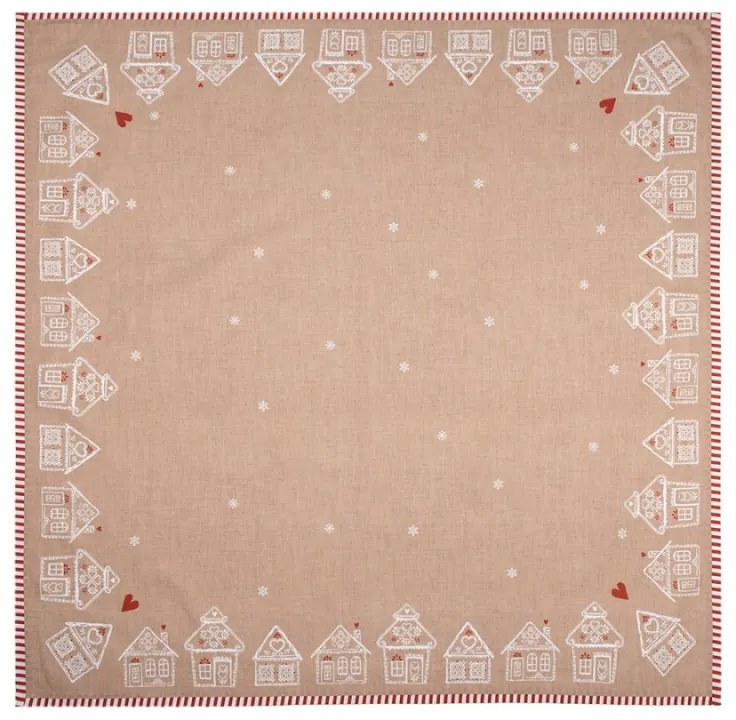 Hnědý bavlněný ubrus s motivem perníkových domečků Gingerbread Bliss – 100x100 cm