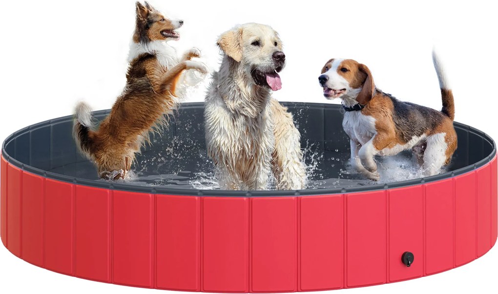 Skládací bazén PawHut pro psy a kočky Ø160x30cm Přenosná vana pro domácí zvířata PVC Protiskluzová Víceúčelová pro použití uvnitř i venku Červená | Ao