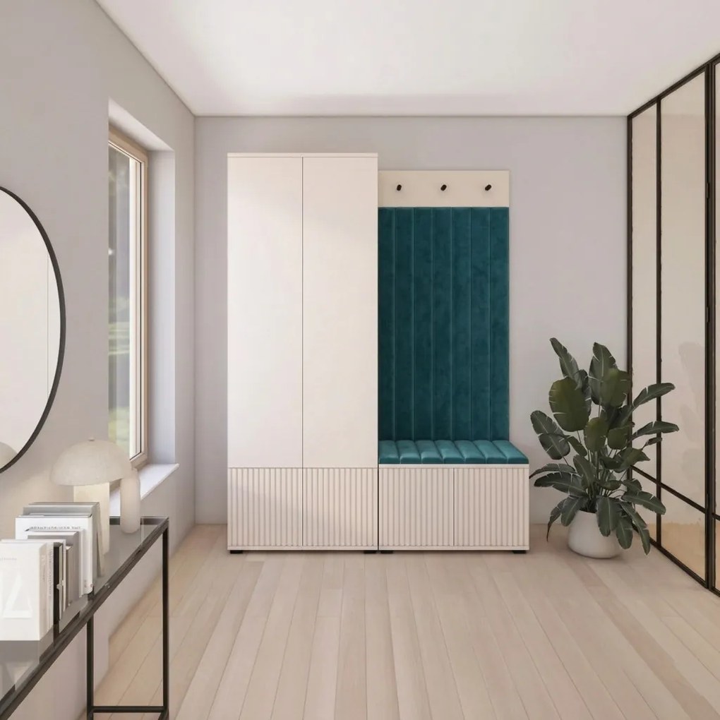 Předsíňová stěna RAYO 1 s čalouněnými panely, 140 cm, kašmír/ azurová