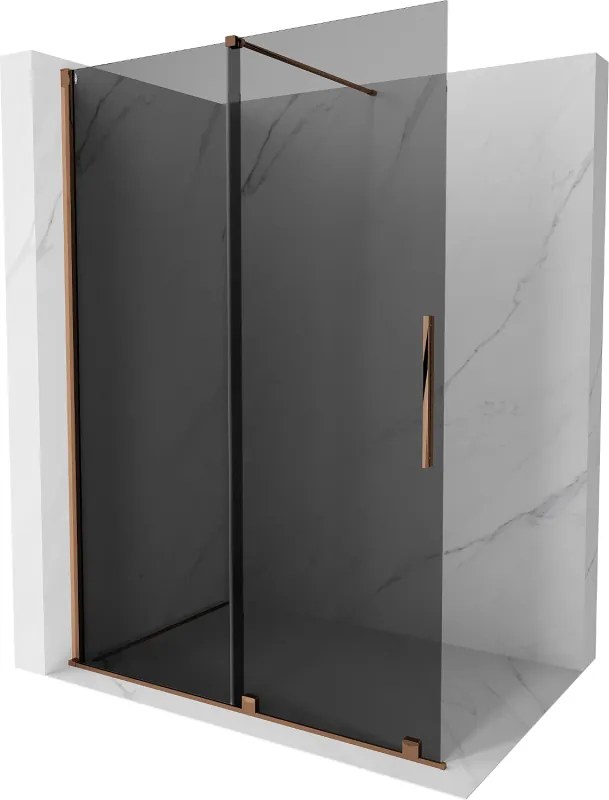 Mexen Velar, sprchová zástěna s posuvnými dveřmi Walk-in 140 x 200 cm, 8mm šedé sklo, růžové zlato, 871-140-000-43-60