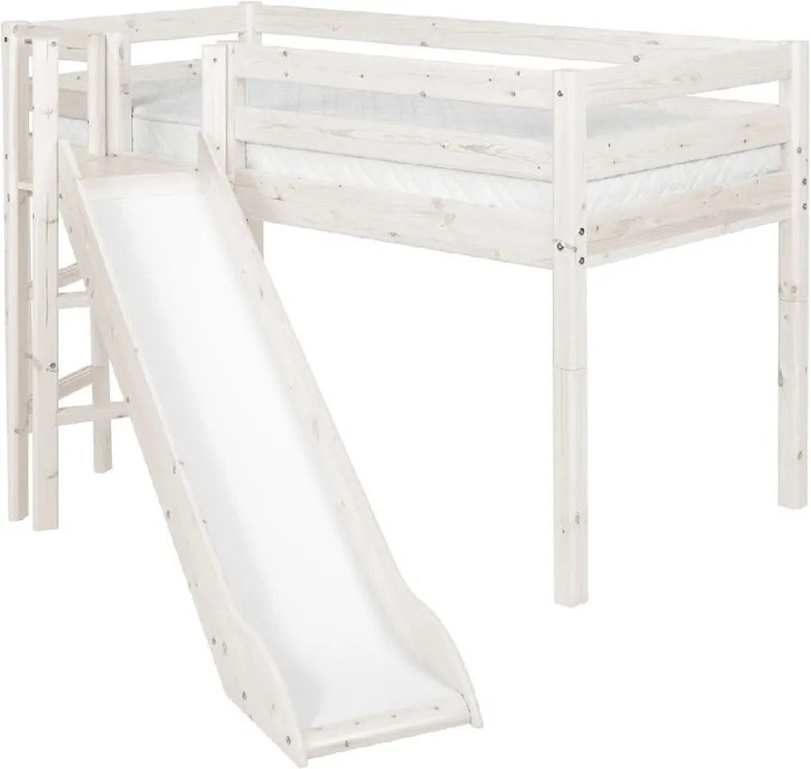 Bílá středně vysoká dětská postel z borovicového dřeva se skluzavkou Flexa Classic, 90 x 200 cm