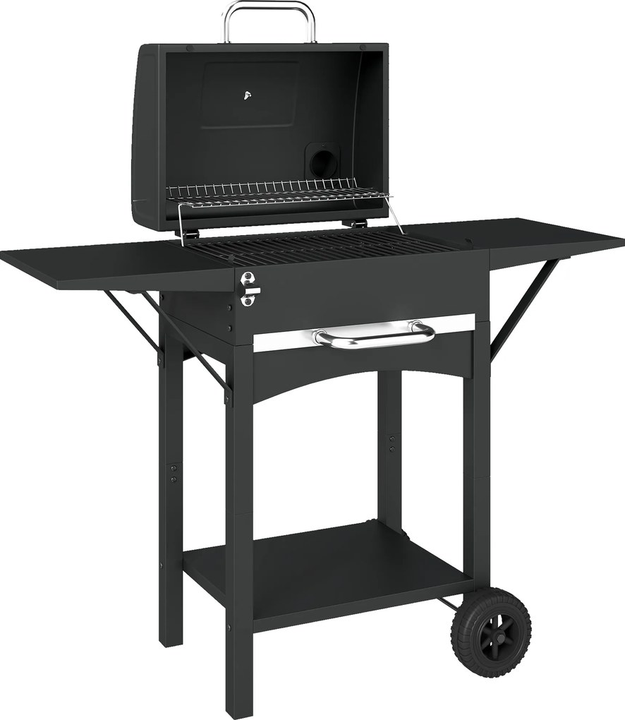 Outsunny gril na dřevěné uhlí s poklopem — BBQ vozík s 2 bočními stolky, velká grilovací plocha, teploměr a kolečka, 110 x 46,5 x 101 cm (černý)