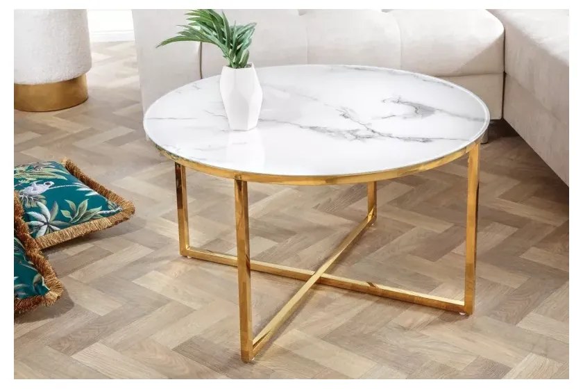 Massive home | Konferenční stolek ELEGANCE GOLD X 80 CM bílý mramorový vzhled