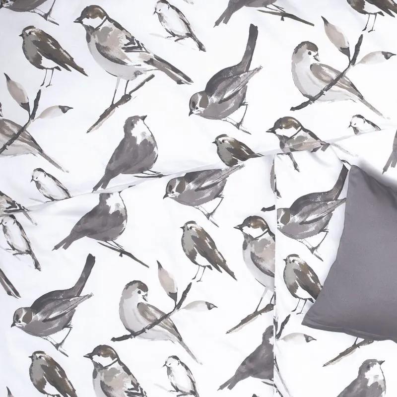 SCANquilt povlečení SATÉN DESIGN grey birds šedobéžová 140 x 200/70 x 90 cm